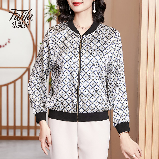 Printed silk jacket women's short spring and autumn new long-sleeved ...