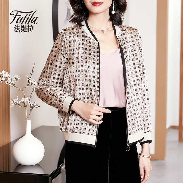 Printed silk jacket women's short spring and autumn new long-sleeved ...
