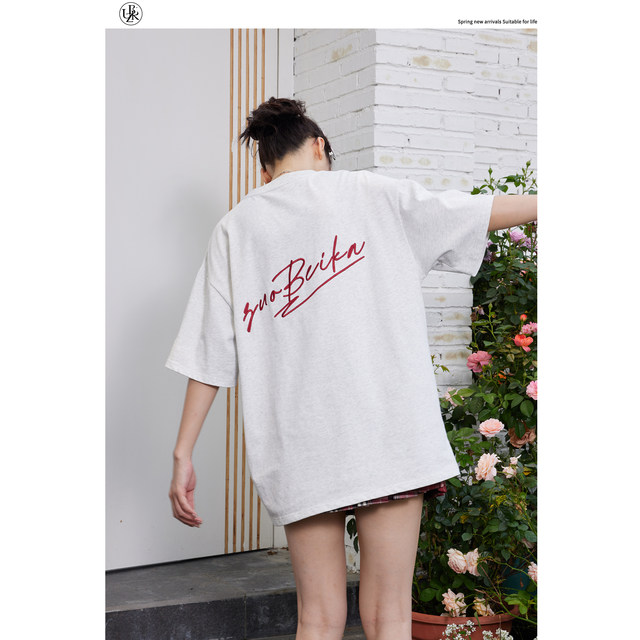 Beikastudios Flower Gray Short -sleeved T -shirt Female Summer New Loose Loose 260g Cotton ...