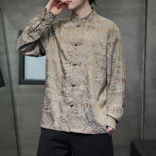 Chinese wind men's dark flower dragon pattern ice silk standing long ...