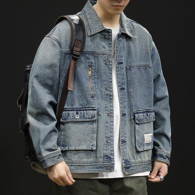 Multi-pocket zipper denim jacket men's spring and autumn men's fashion ...