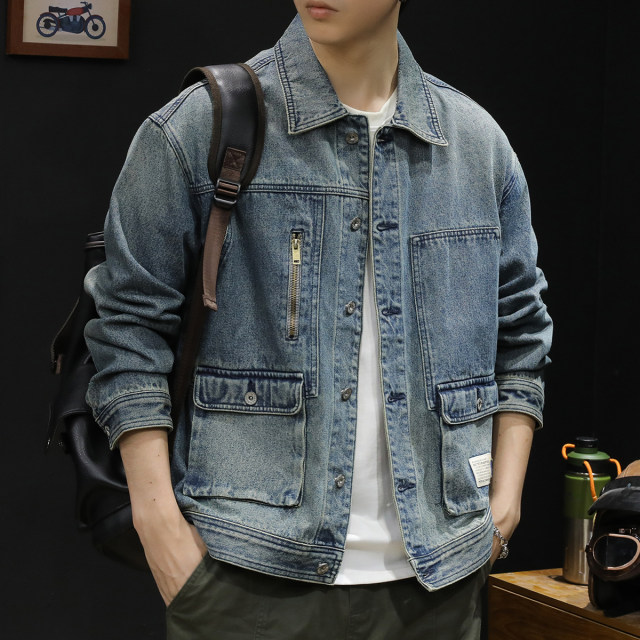 Multi-pocket zipper denim jacket men's spring and autumn men's fashion ...