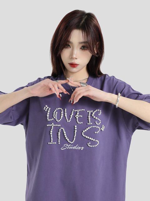 Insstudios National Fashion Brand Couple American-Style Pearl Lettering Logo Short-Sleeve Loose ...