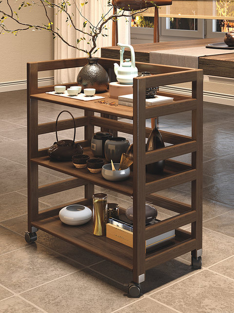 Tea Storage Rack Walnut Trolley Tea Tea Cup Storage Rack Movable Tea ...
