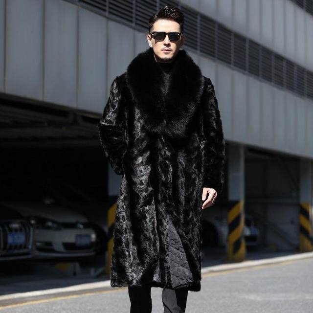 New mink fur coat men's extended length fox fur collar fur one-piece ...