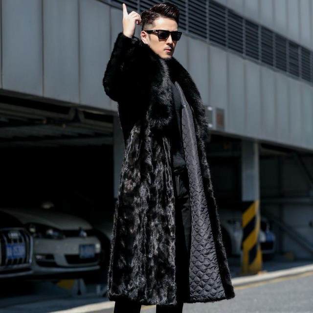 New mink fur coat men's extended length fox fur collar fur one-piece ...
