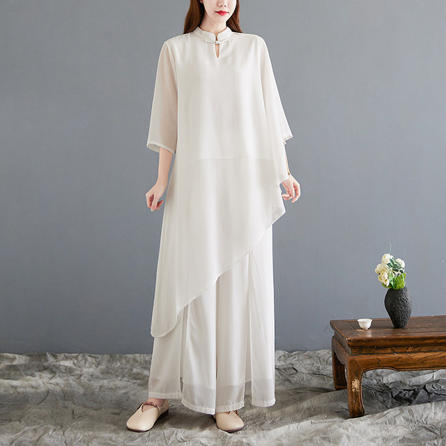 Zen women's clothing, Chinese style tea clothes, fairy-like irregular flowing white meditation ...