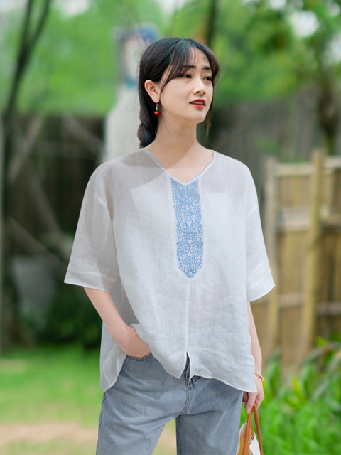 Liney V -neck Embroidery New Chinese Loose Top White Literature and Art ...