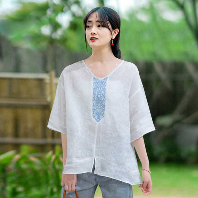 Liney V -neck Embroidery New Chinese Loose Top White Literature and Art ...
