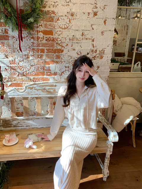 Cute Ja fashionable casual hooded knitted cardigan top half-length ...