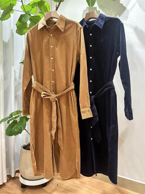 Retro old money style RL Maillard color fine pit corduroy shirt dress ...