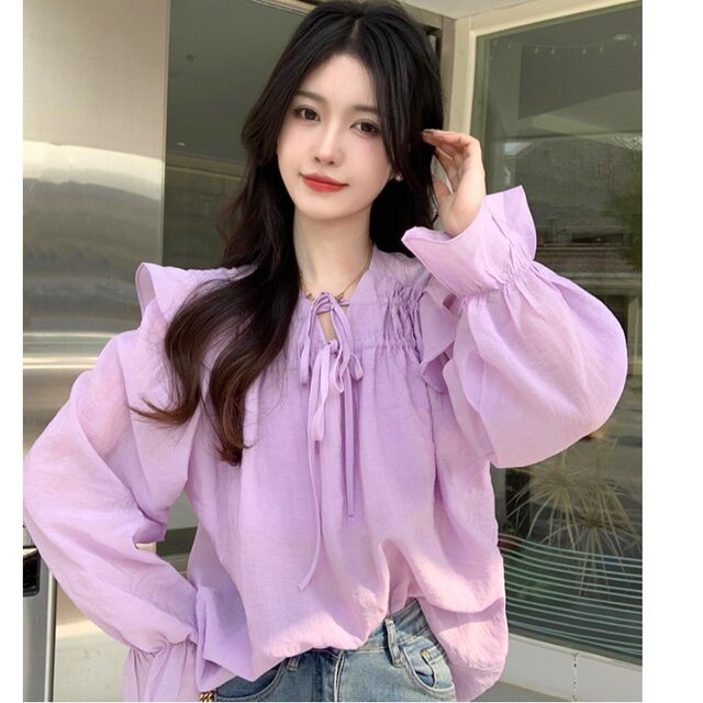 UU Anna large size women's half-open collar purple ruffled shirt spring ...