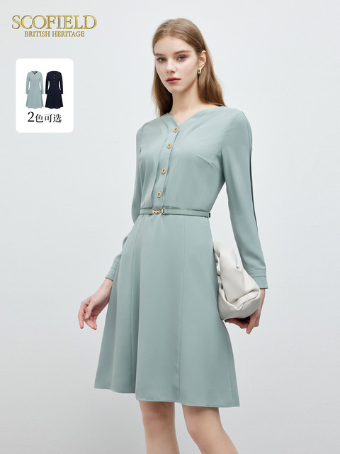 Scofield women's simple A-line flared long-sleeved dress elegant ...