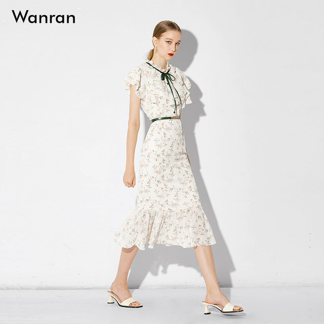 2025 summer new European and American fashion chiffon printed ruffle slim fish tail mid-length ...