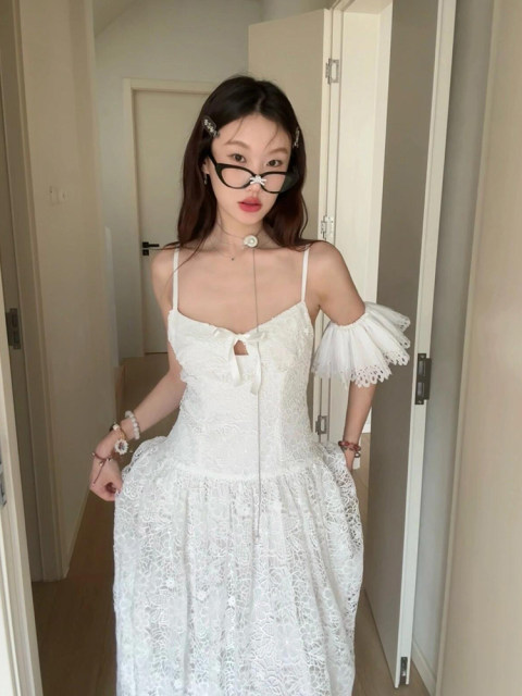 ESTER HSU fashion heavy industry lace slim suspender dress long skirt ...