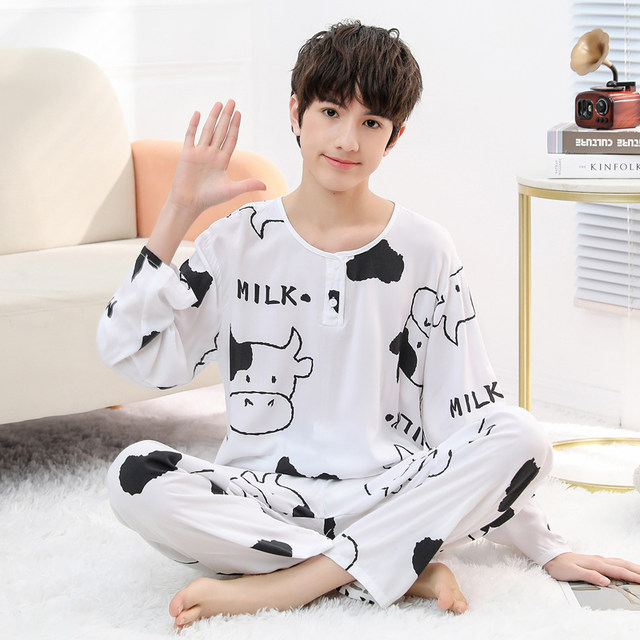 Summer youth cotton silk pajamas long-sleeved older children junior ...