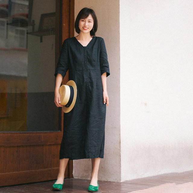 Suo Jia Shi Shi Shi simple commuting black hemp dress summer new slim ...