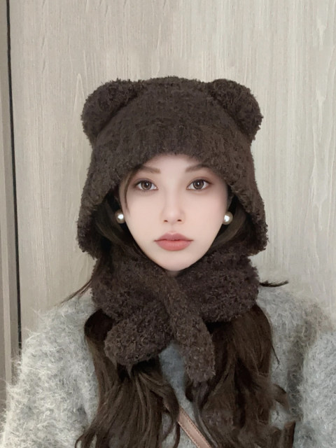 Ear protection neck scarf plush hat for women winter cold-proof and ...