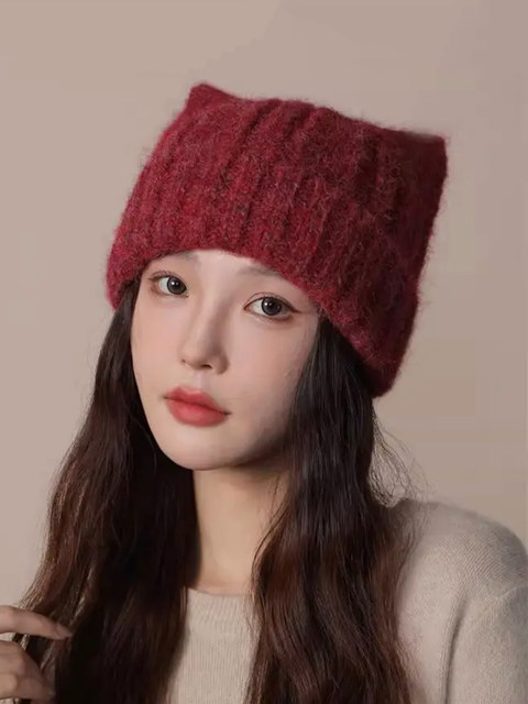 Cute cat ear woolen hat for women in autumn and winter warm wool ...