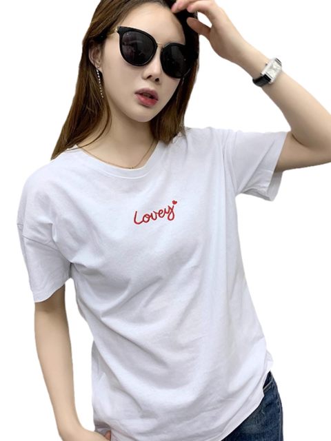 Pink Pure Cotton Short-Sleeved T-Shirt for Women 2025 Summer New Style Embroidered Loose Round ...