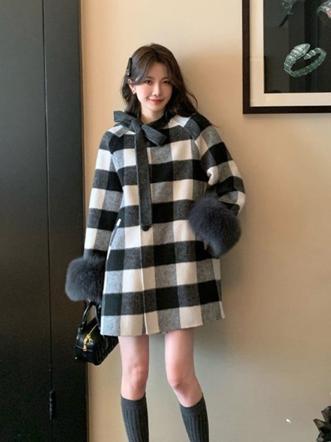 Cedar Love 2024 double -sided cashmere woolen cloak coat plaid fox hair ...