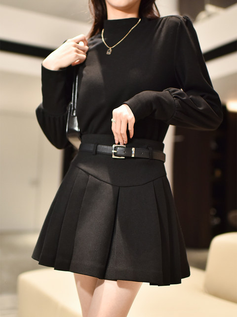 Black pleated skirt Female spring and autumn new versatile college wind high waist high -waist ...