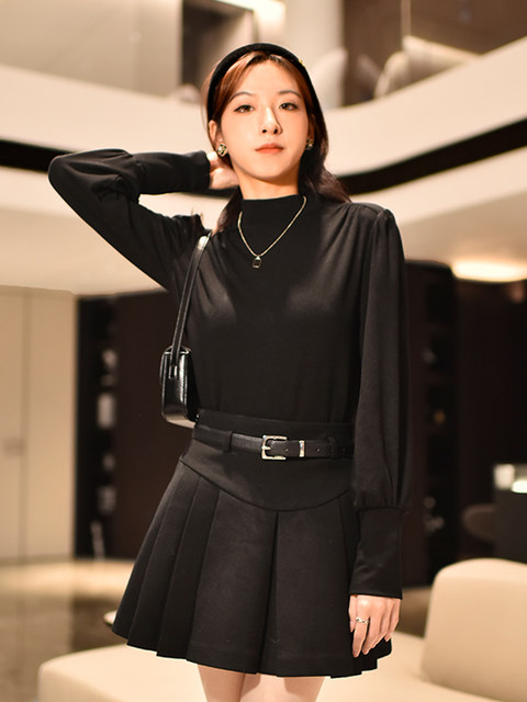 Black pleated skirt Female spring and autumn new versatile college wind high waist high -waist ...