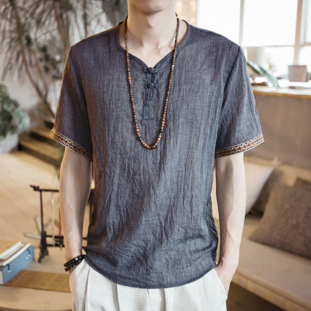 Chinese style men's linen T-shirt men's short-sleeved loose large-size ...