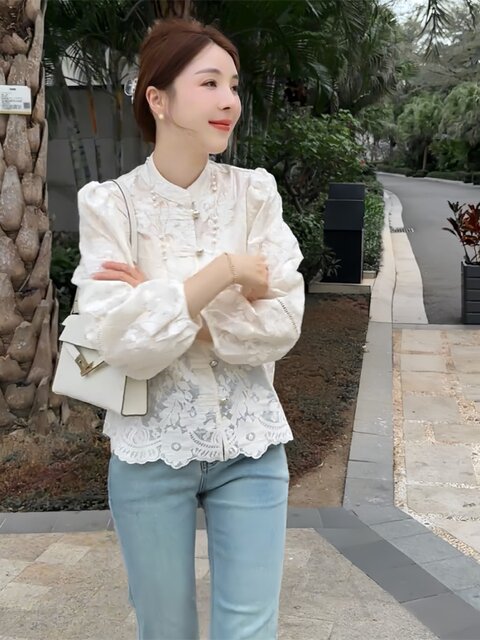 New Chinese round neck lace shirt for women in 2025 spring and autumn ...