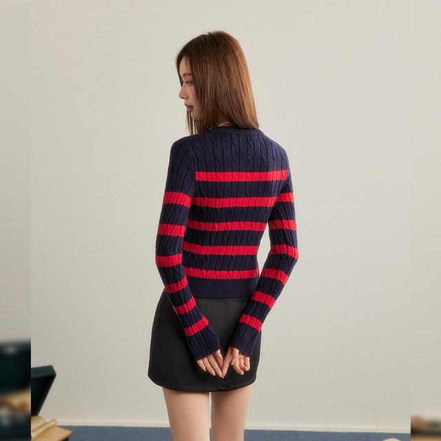 UNIFREE striped sweater women's color block retro round neck slim short ...