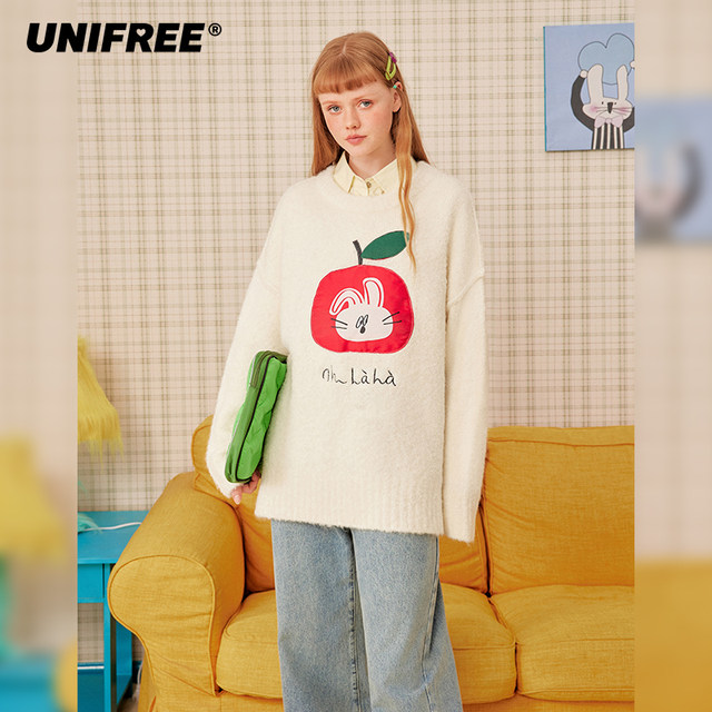 UNIFREE lazy style sweater round neck pullover soft soft and loose knit top