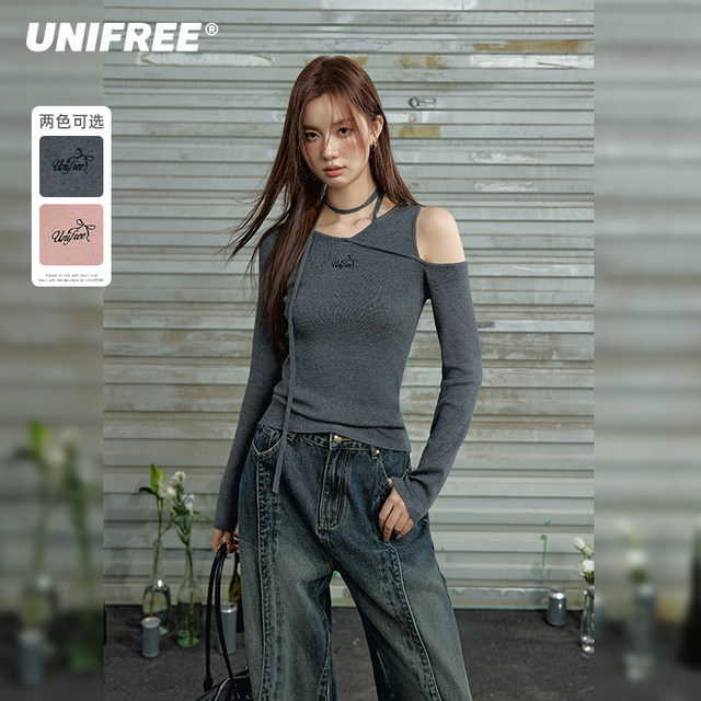 UNIFREE hot girl long-sleeved sweater women's v-neck American retro ...