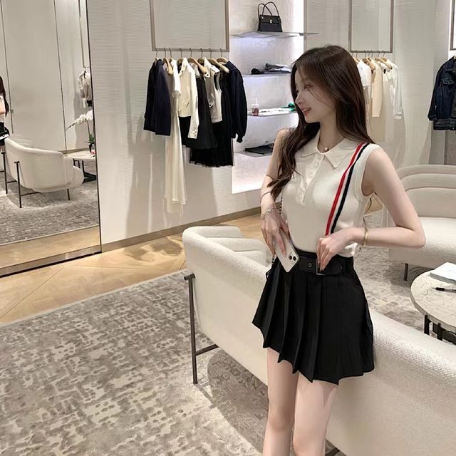 TUMATB Contrast Color Striped Polo Collar Sleeveless Knitted T-Shirt ...