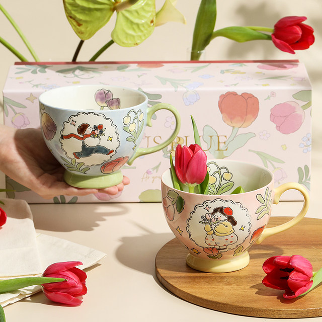 Blue lotus hand-painted underglaze color breakfast pair of cups gift ...