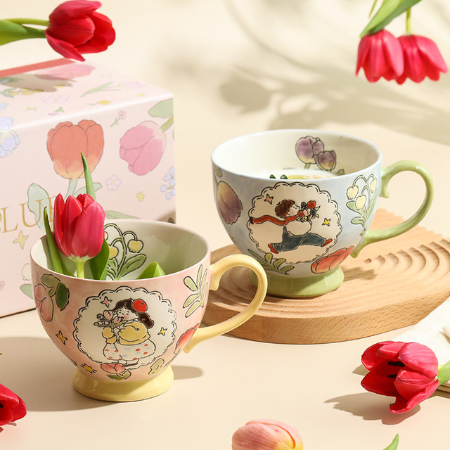 Blue lotus hand-painted underglaze color breakfast pair of cups gift ...