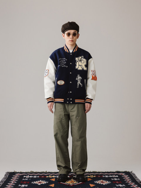 RR embroidered heavyweight jacket winter pu leather sleeves spliced ...