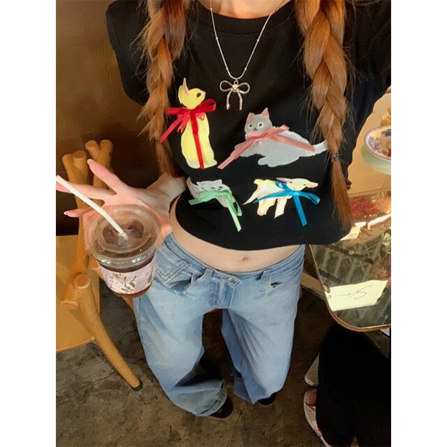 Round -neck cartoon printed short -sleeved main shoulder t -shirt women ...