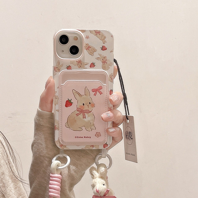 Qiqian Bow Rabbit Strawberry Wristband iPhone 16/15 mobile phone case suitable for Apple 14/13 ...