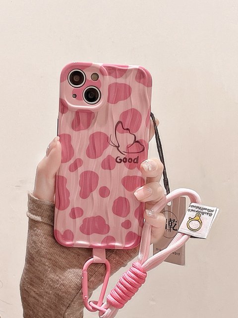 Qiqian pink cow pattern butterfly wristband iPhone 16/15 mobile phone case suitable for Apple 14 ...