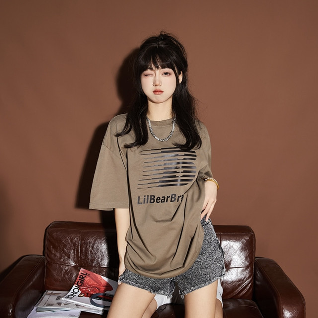 LILBEAR bear logo letter pattern printed loose off-shoulder short-sleeved T-shirt for men and ...