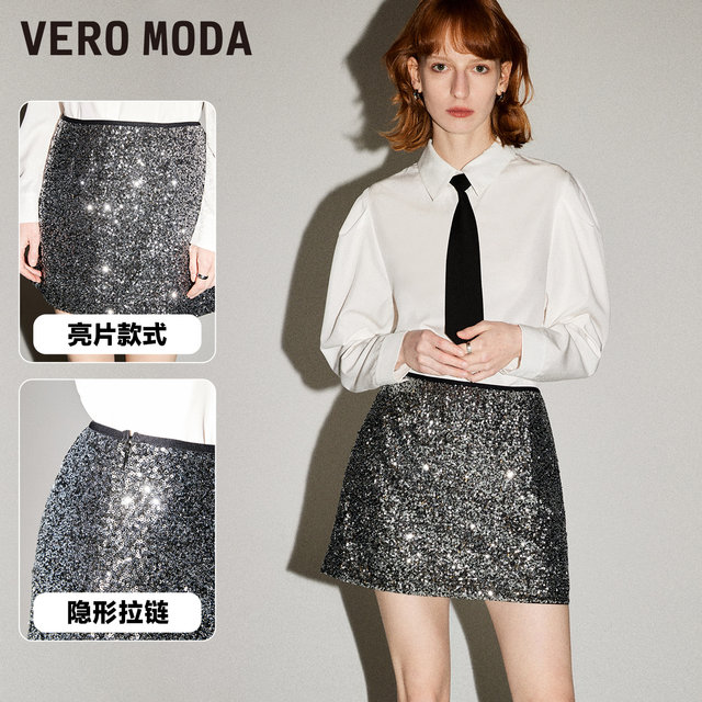 VeroModa Outlet Skirt 2024 Spring and Autumn New High Waist Retro Fashion Date A-Line Sequin ...