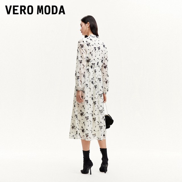 VEROMODA Aolle dress 2024 autumn and winter new romantic full -printed A -line rose ribbon ...