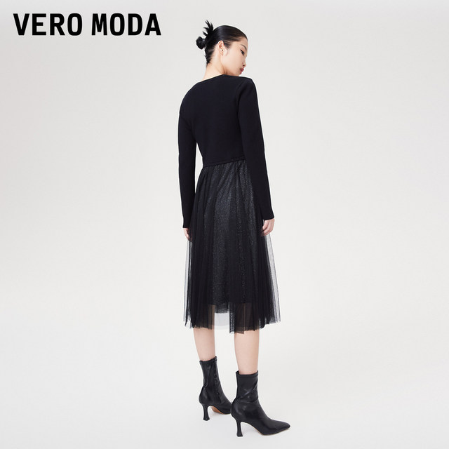 VEROMODA Ora dress Spring and Autumn New Fake two -piece square collar sweater net yarn skirt ...