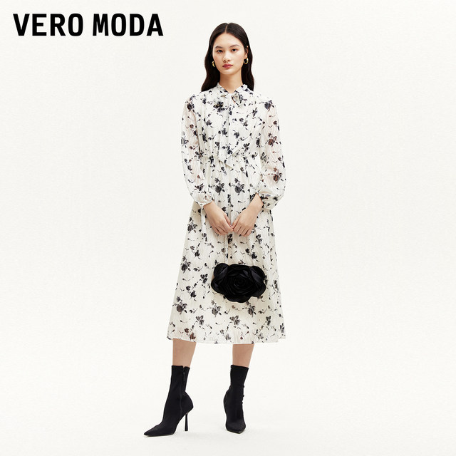 VEROMODA Aolle dress 2024 autumn and winter new romantic full -printed A -line rose ribbon ...