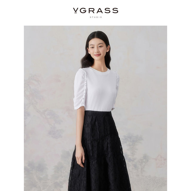 VGRASS Yunmu white embroidered bubble sleeve short -sleeved T -shirt female 2024 new spring and ...