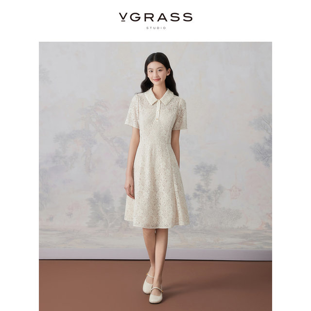 VGRASS New Chinese Style Women's Wear 2024 Spring and Autumn New Heavy Industry Honey Color Lace ...