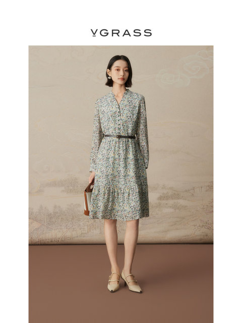 VGRASS 24 Autumn New 14MM Silk Georgian Dress