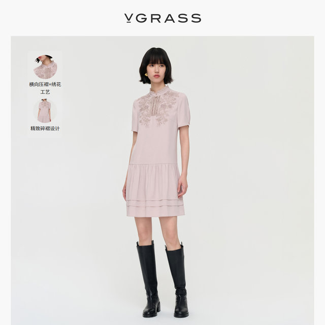 VGRASS summer low-waist knot temperament French dress women's spring new short-sleeved dress ...