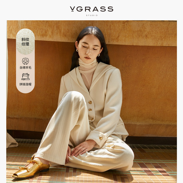 [City Walking] VGRASS wool white hooded woolen jacket winter new temperament short style