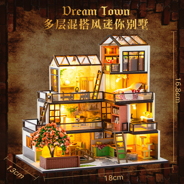 DIY cabin dream town handmade wooden assembled house model mini villa ...